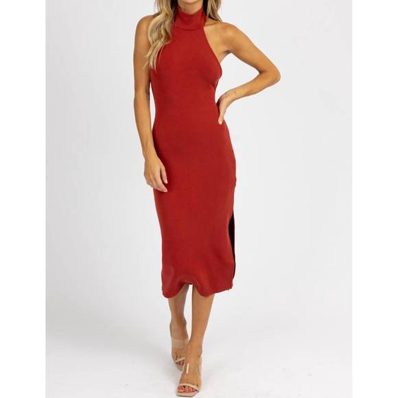Fore | Dresses | New Fore Halter Mock Neck Slit Midi Dress In Wine ...